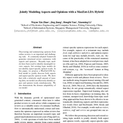Jointly Modeling Aspects And Opinions With A Maxent Lda Hybrid Acl Anthology