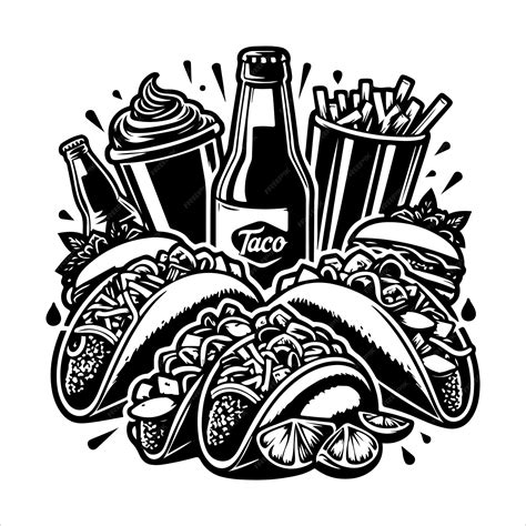 Un Dibujo En Blanco Y Negro De Un Taco Y Una Botella De Refresco