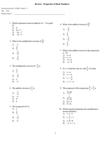 Properties Of Real Numbers Worksheet Ms Coxs Website