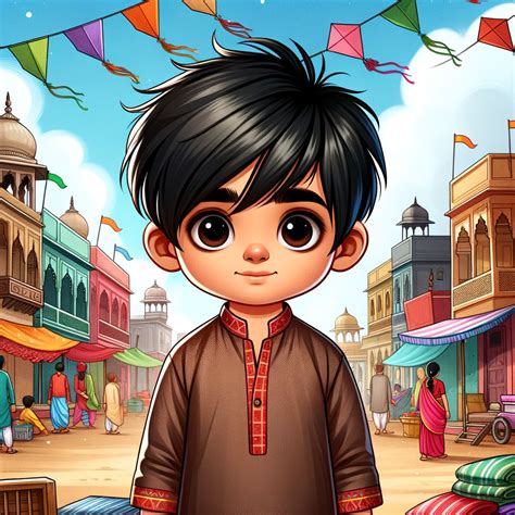 Young Indian Boy Cartoon Illustration Vibrant Indian Town Scene Ai