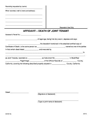Affidavit Death Of Joint Tenant Blank Fillable Template Fill Out
