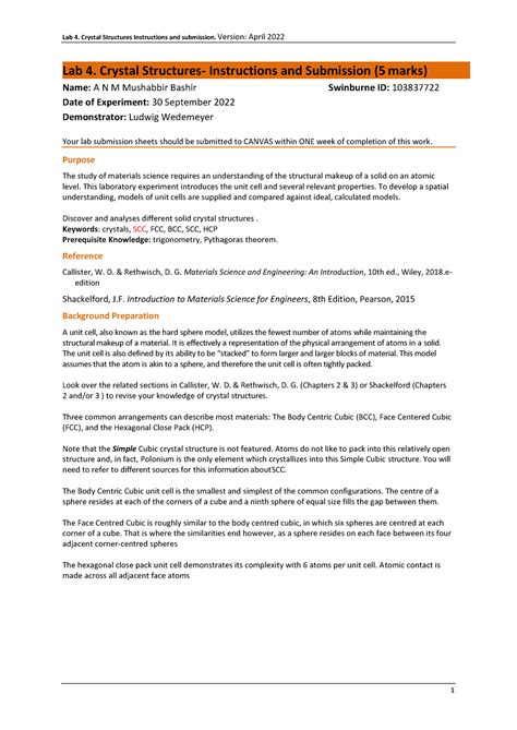 lab 4 submission sheet lab 4 lab 4 crystal structures