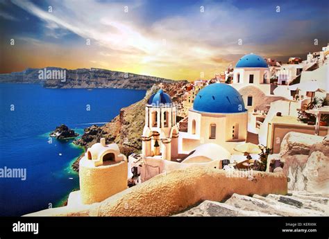 Santorini Over Sunset Famous Blue Domes And Caldera View Greece Stock