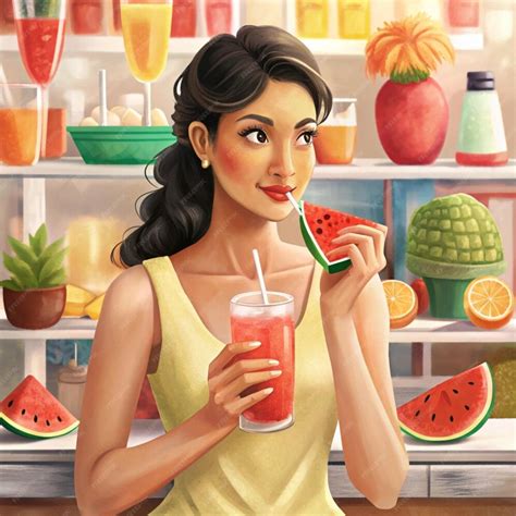 A Woman Drinking A Straw From A Straw In Front Of A Refrigerator With A Straw In Her Mouth