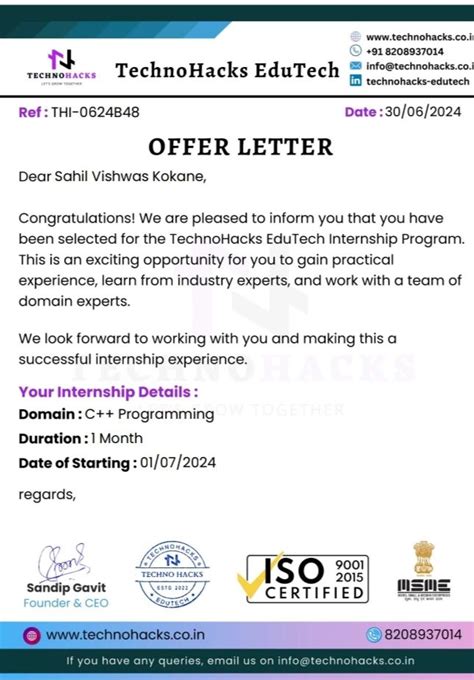 Sahil Kokane On Linkedin Offeraccepted Internshipjourney Programmingjourney Technohack