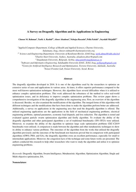 Pdf A Survey On Dragonfly Algorithm And Its Applications In Engineering
