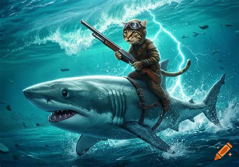 A Badass Cat In A Pilot Helmet And Goggles Rides A Shark While Holding