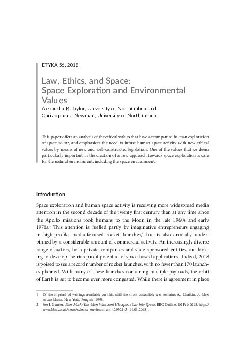 Pdf Law Ethics And Space Space Exploration And Environmental Values