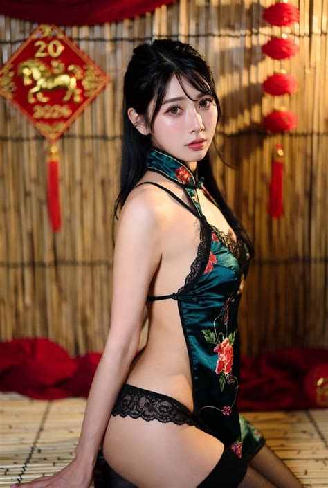 Dark Green Silk Embroidered Dudou Style Top With Black Lace Trim