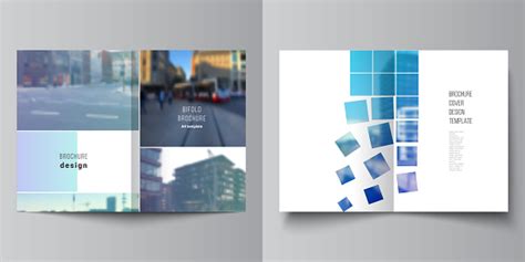 이중 브로셔 전단지 잡지 커버 디자인 책 디자인 브로셔 커버를 위한 두 개의 A4 포맷 커버 모형 템플릿의 벡터 레이아웃 파란색 사각형이 있는 기하학적 스타일의 추상 설계