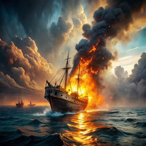 A Burning Ship In The High Sea Ai Created Content Stock Illustration