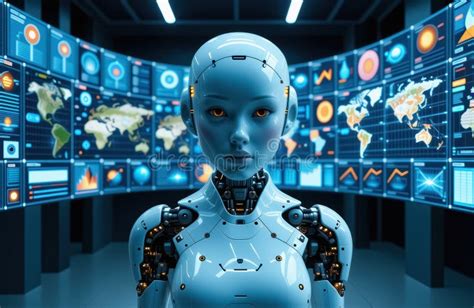 Futuristic Android In Data Control Room With Digital Screens Displaying
