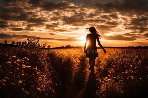 Silhouetted Young Woman Walks Into Beautiful Sunset Stock Illustration