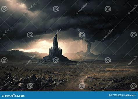 Mordor Landscape With Tower And Stormy Sky Symbolizing The Dark Forces