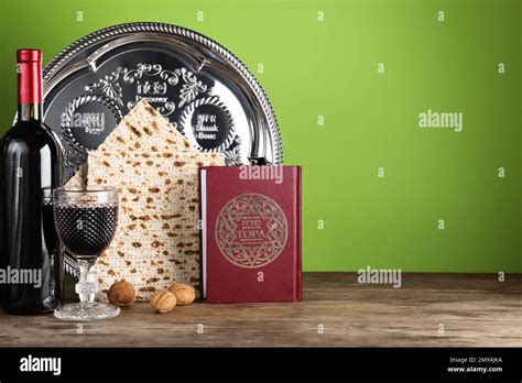 Symbolic Pesach Passover Seder Items On Wooden Table Space For Text