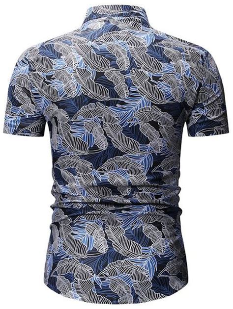 Button Up Tropical Leaf Print Shirt Blue Red
