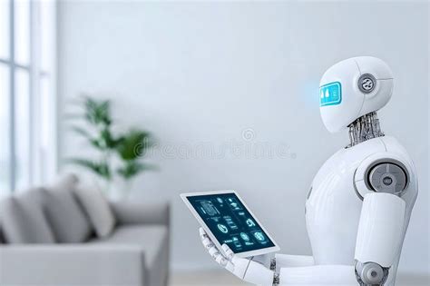 Futuristic Humanoid Robot Using A Digital Tablet In Modern Interior