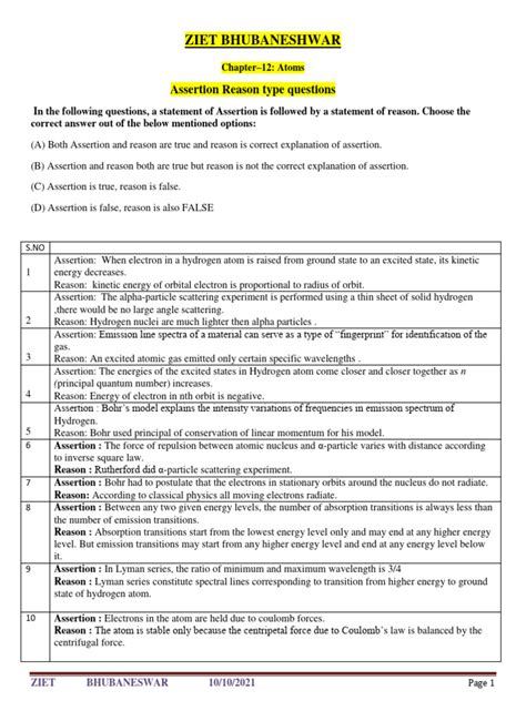 Physics Xii Ch 12 Physics Assertion Reasoning Atoms Pdf Electron