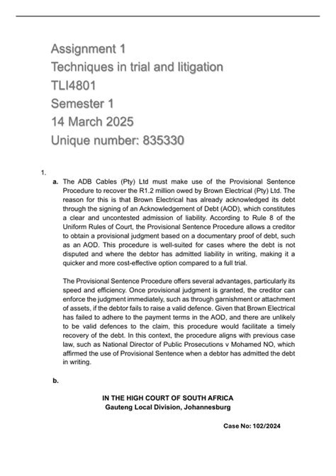 Tli4801 Assignment Complete Answers 1 14 March 2025 Techniques Trial And Litigation Tli