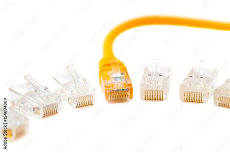 Zdjęcie Bez Tantiem An Ethernet Wire Cable And Cable Head Into Head Rj45 Network Rj45 Plug