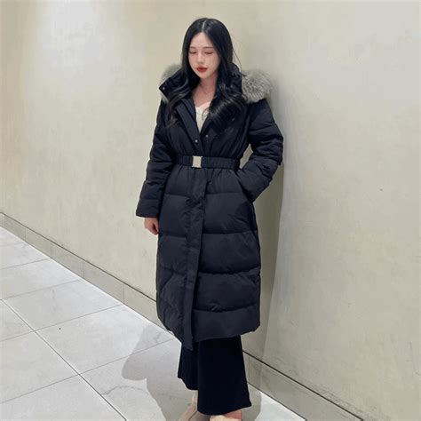 수입 리얼 폭스퍼 버클 벨트 덕다운 롱패딩 에이블리