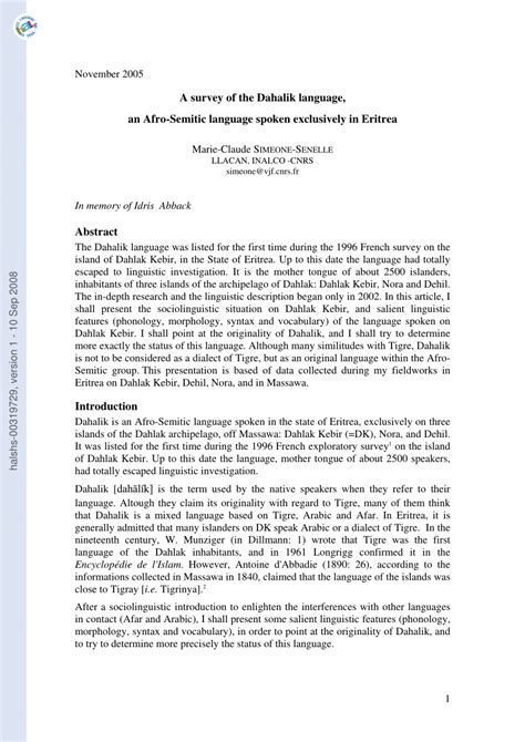 Pdf A Survey Of The Dahalik Language An Afro Semitic Language Spoken Exclusively In Eritrea