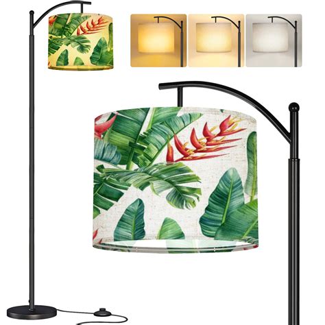 Arc Floor Lamp Tropical Exotic Green Leaves Palm Heliconia Flowers