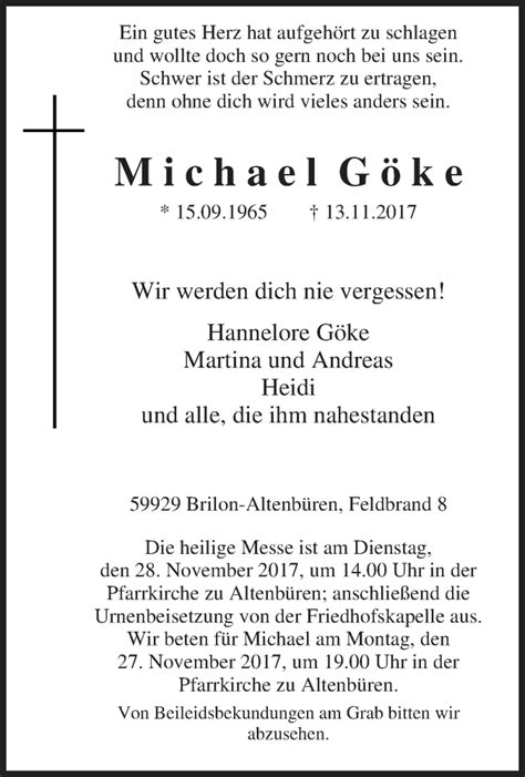 Traueranzeigen Von Michael Göke Trauer In Nrw De