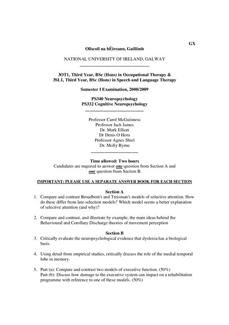 Models Of Executive Function Cognitive Neuropsychology Exam Docsity