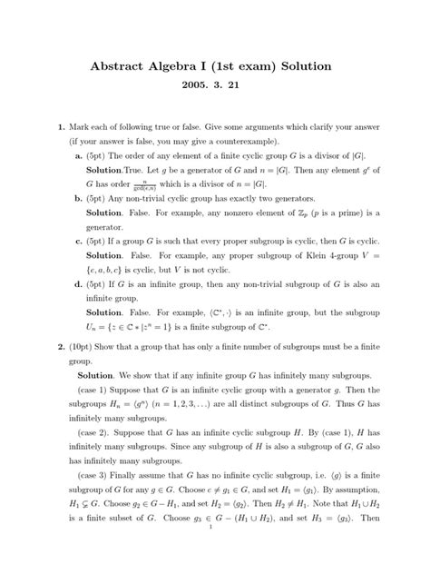Abstract Algebra I 1st Exam Solution Pdf Group Mathematics Metric Geometry