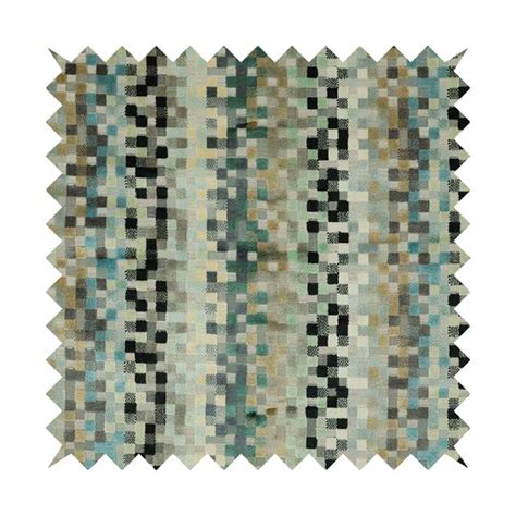 Muted Tones Blues Beige Grey Colour Cubed Geometric Pattern Cut Velvet