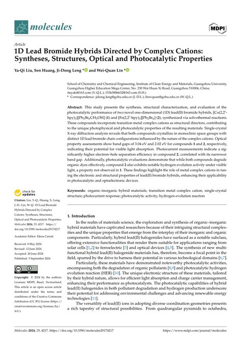 Pdf 1d Lead Bromide Hybrids Directed By Complex Cations Syntheses