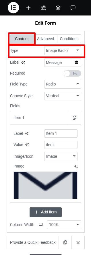 how to add image radio field to elementor forms