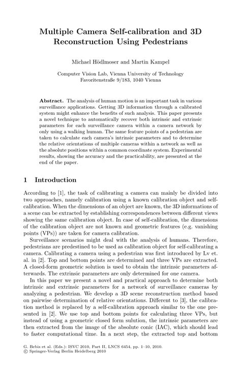 Pdf Multiple Camera Self Calibration And 3d Reconstruction Using Pedestrians