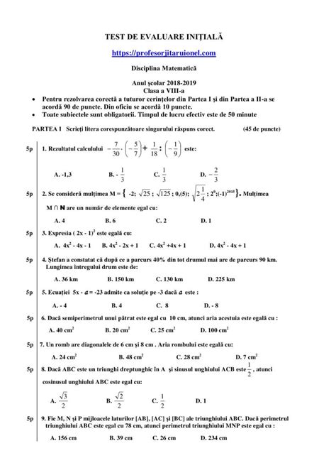 Test Initial Matematica Clasa A 8 A Rezolvare Barem De Corectare Si