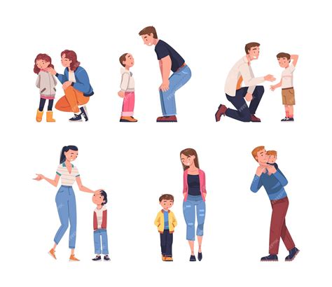 Madre Y Padre Hablando Con Su Hijo Apoyándolo Y Calmándolo Vector Set
