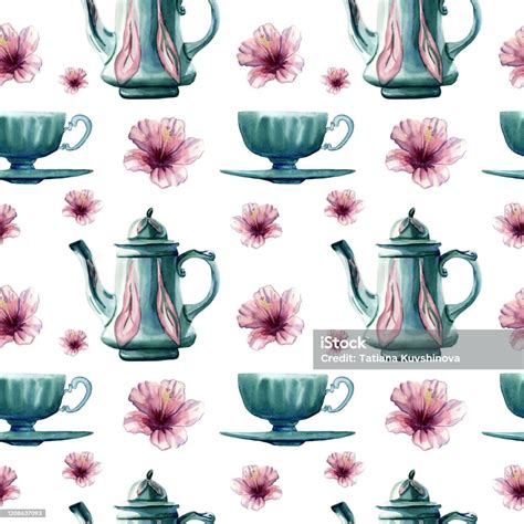 수채화 손은 골동품 청록색 커피 냄비와 접시와 흰색 배경에 분홍색 히비스커스 꽃 컵 과 원활한 패턴을 그린 0명에 대한 스톡 벡터 아트 및 기타 이미지 Istock