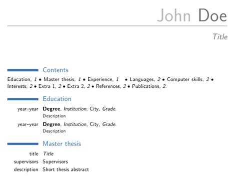 Add A Table Of Contents Into A Moderncv Document Tex Latex Stack