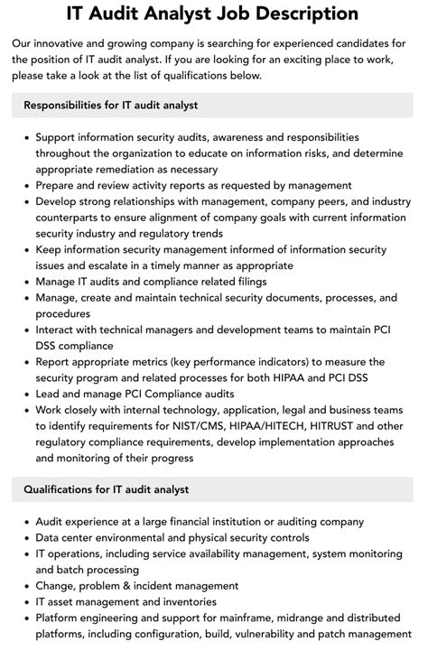 It Audit Analyst Job Description Velvet Jobs