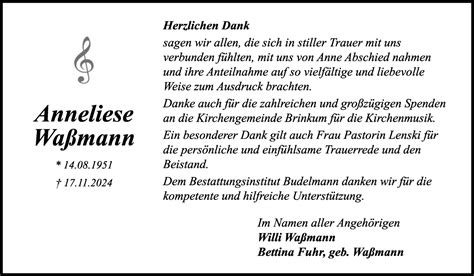 Traueranzeigen Von Anneliese Waßmann Trauer And Gedenken