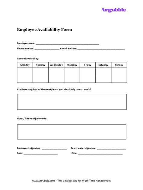 Fillable Online Employee Availability Form Template Fax Email Print