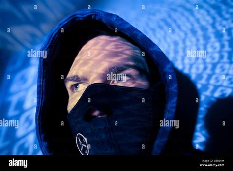 Hacker Blue Colored With Binary Background Stock Photo Alamy