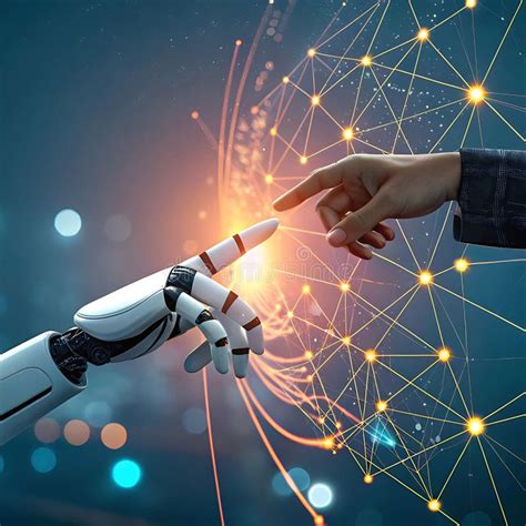 Human And Robot Hands Connecting In Big Data Network Ai And Technological Innovation Stock