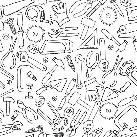 Vector Drawing In Doodle Style Seamless Pattern Of Construction Tools For Repair And
