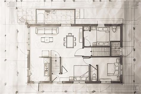 Architectural Plan On White Paper Technical Project Of Living Room Drawing For Construction