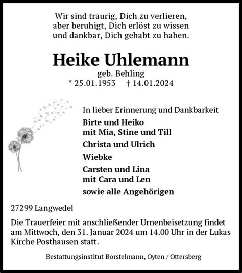 Traueranzeigen Von Heike Uhlemann Trauer Kreiszeitung De