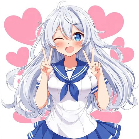 An Anime Girl With Flowing Silver Hair Showcases Cute Poses While
