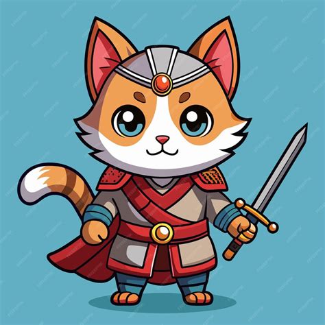Endearing Cat Samurai Standing With Sword Cartoon Vector Illustration