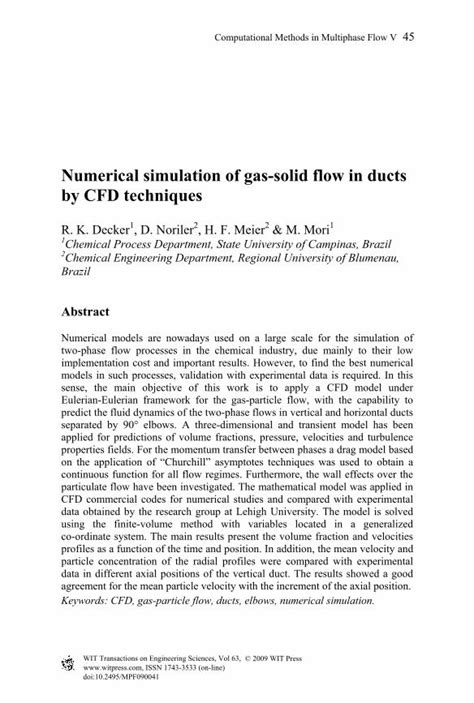 PDF Numerical Simulation Of Gas Solid Flow In Ducts By CFD Bend Using A D Laser Doppler