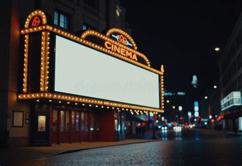 Blank Cinema Marquee Sign Illuminated At Night Perfect For Movie
